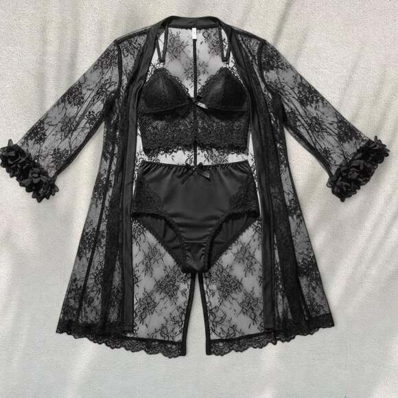 Suvia | Intimates & Sleepwear | Black Lace 3piece Lingerie Set Sheer ...